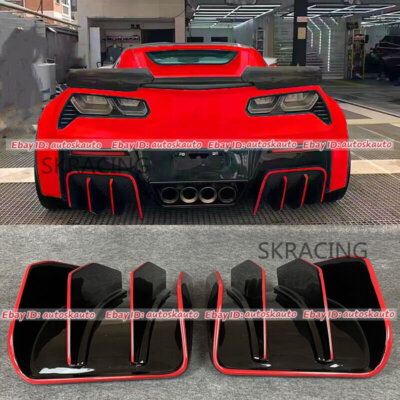New For 14-19 Corvette C7 2PCS FRP Black+Red Rear Bumper Diffuser Lip ...