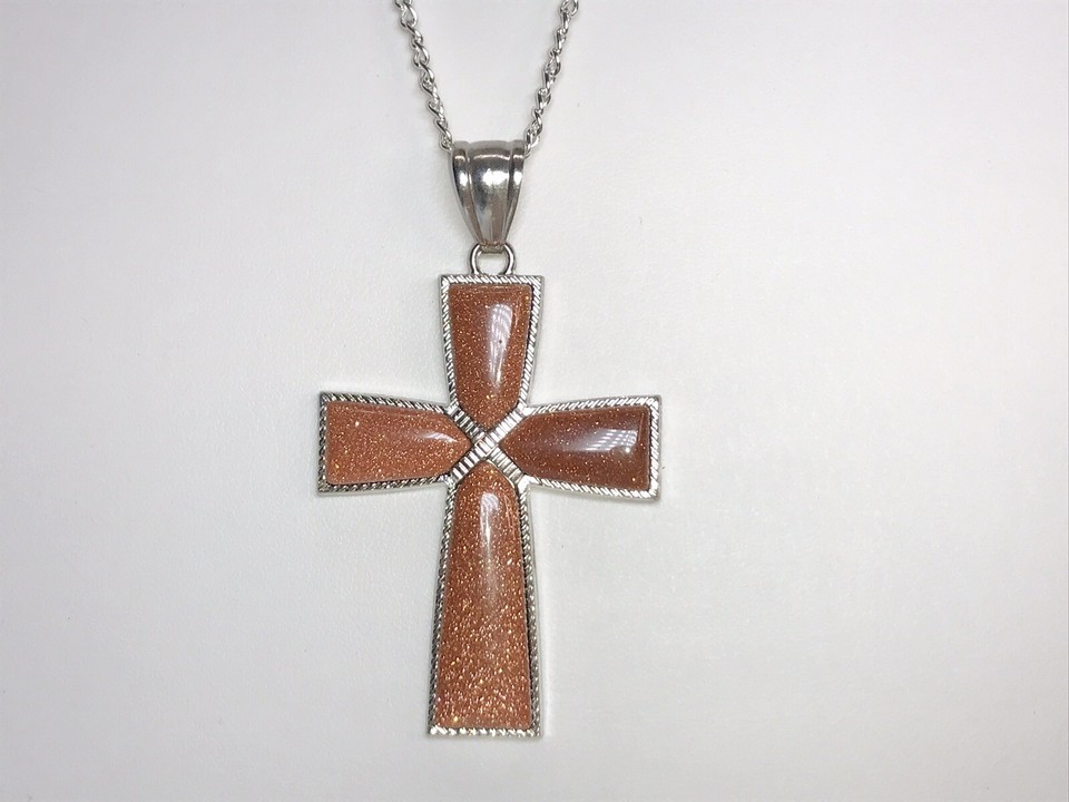 Brown Goldstone Sparkling Cross Pendant Necklace Chain Religous Jewelry ...