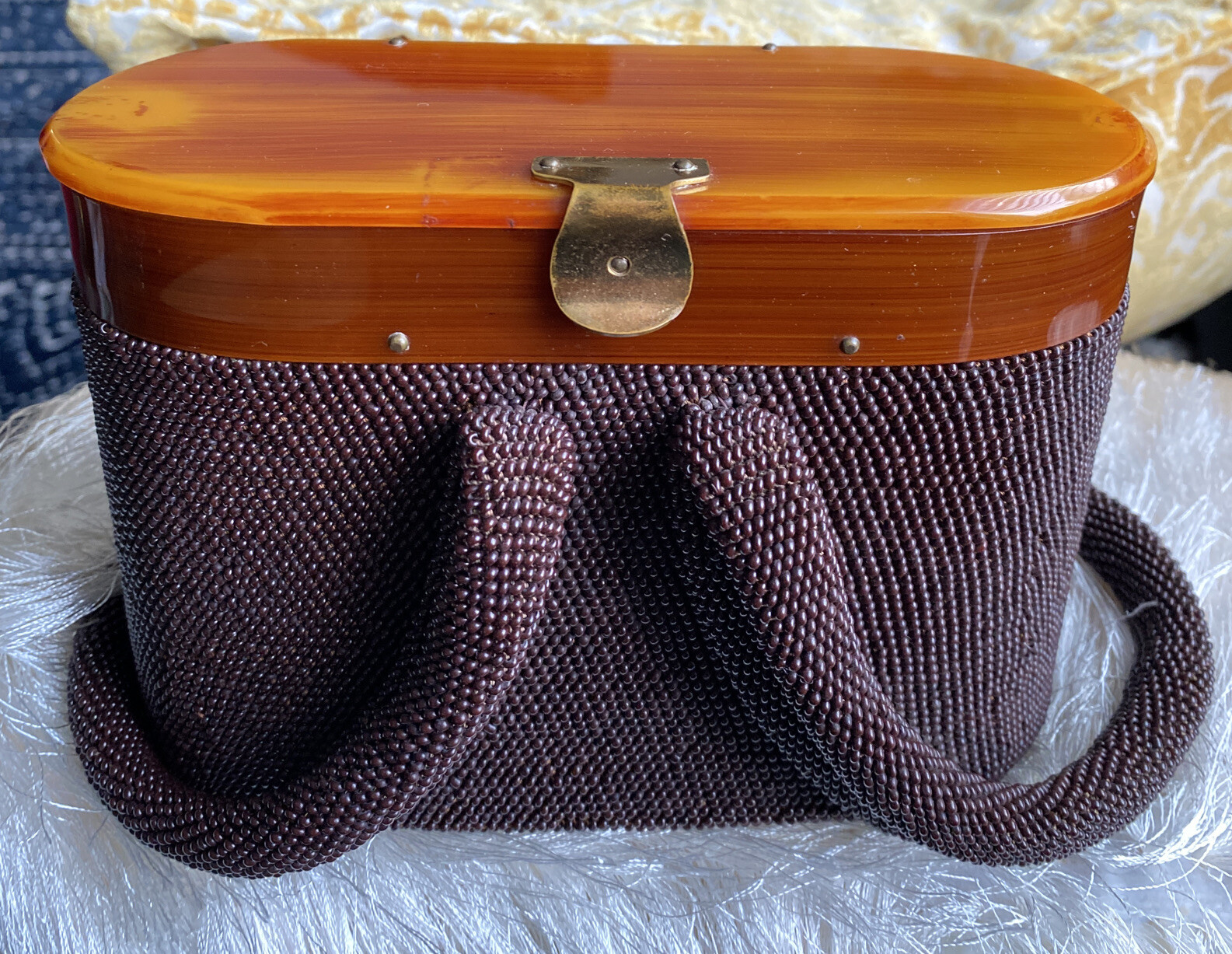 Vintage Bakelite Top Beaded Maroon Purse Art Deco - Gem