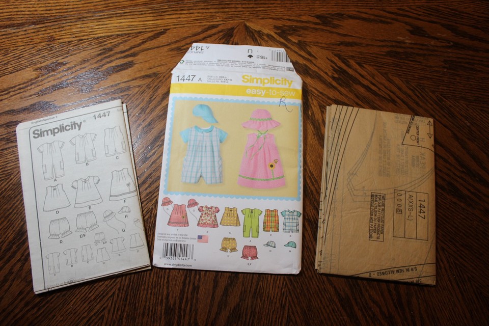 Simplicity 1447 Babies Romper Dress Top Panties Hat Size XXS-L Uncut | eBay