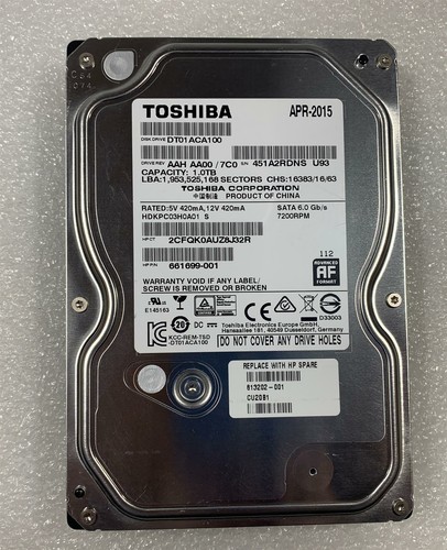 HP 613202-001 Toshiba DT01ACA100 HDD Dur Disque Lecteur 1TB 1000 Go ...
