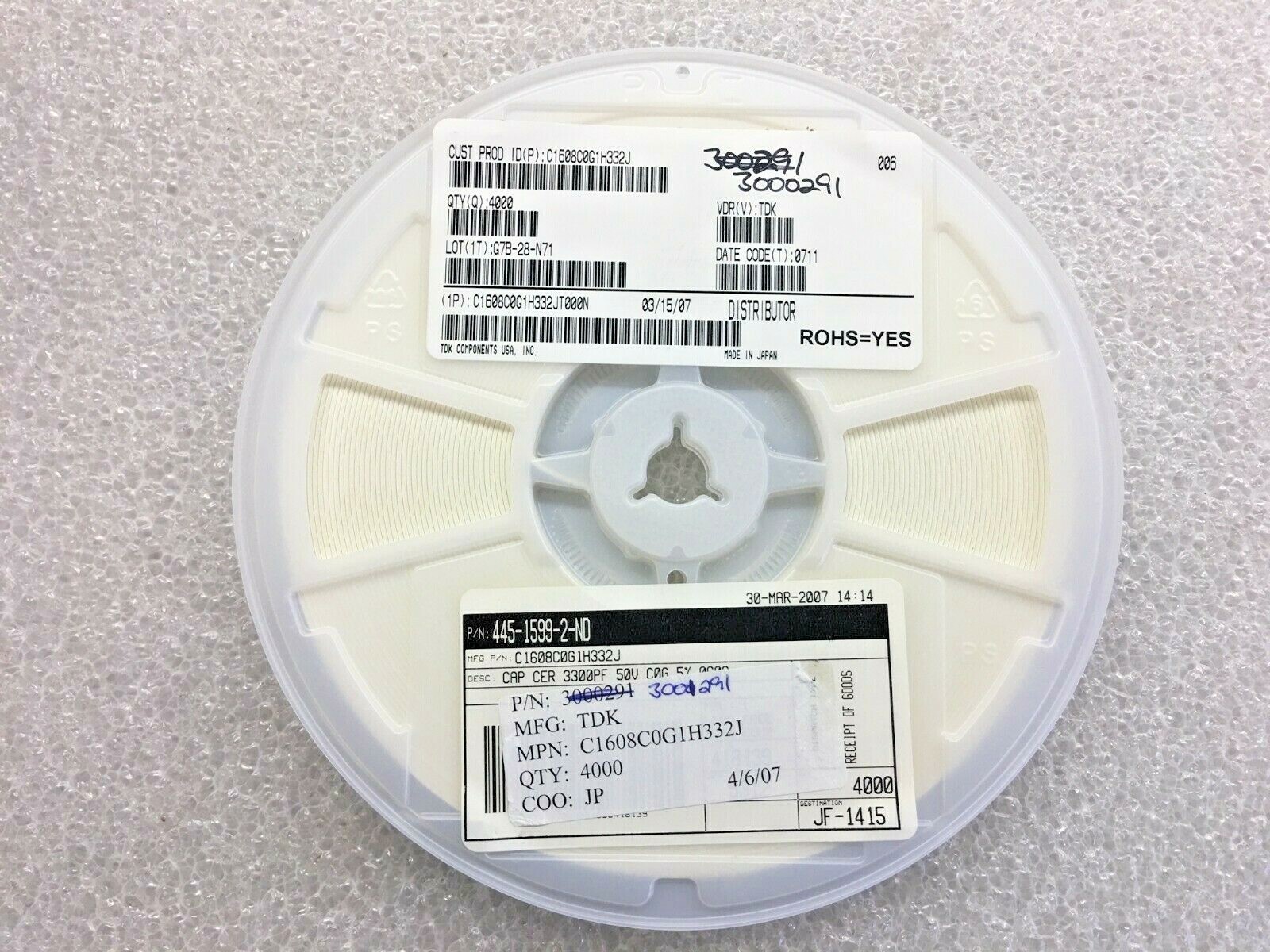 (4,000 PIECE REEL) C1608C0G1H332JT000N, TDK, CAP CER 3300PF 50V C0G ...