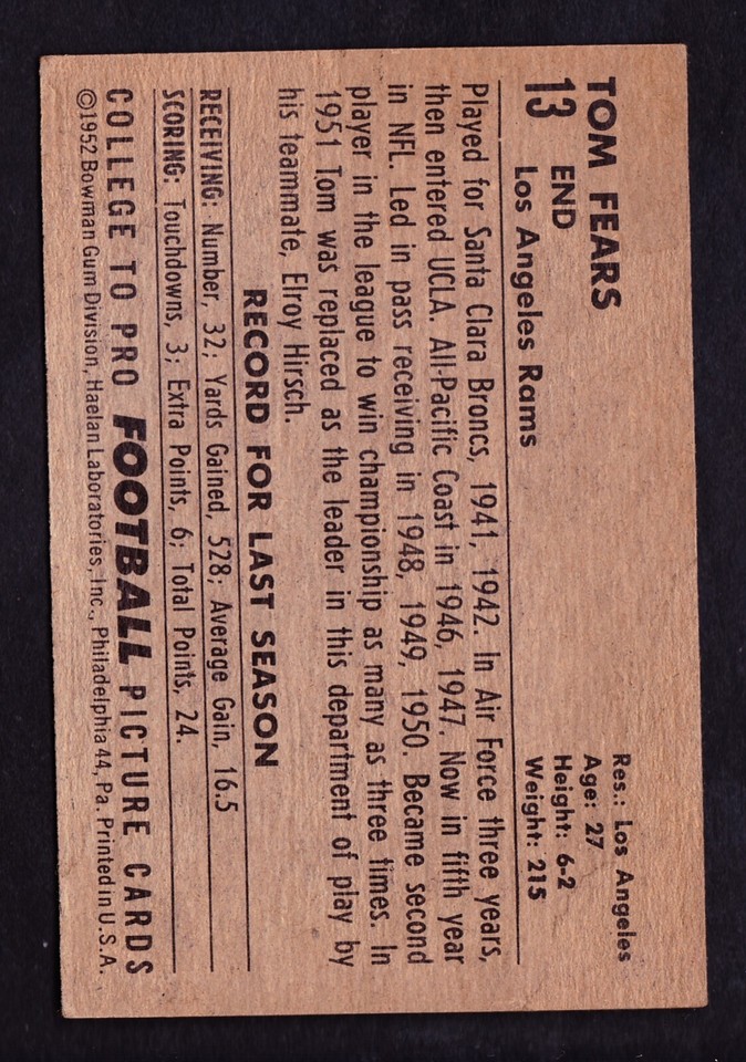 1952 BOWMAN LARGE #13 TOM FEARS RAMS | eBay