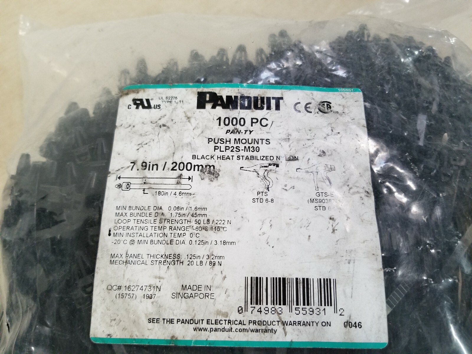 PANDUIT PLP2S-M30 7-29/32" L, 0.19" W, Black Plastic Cable Tie, 1000 ...