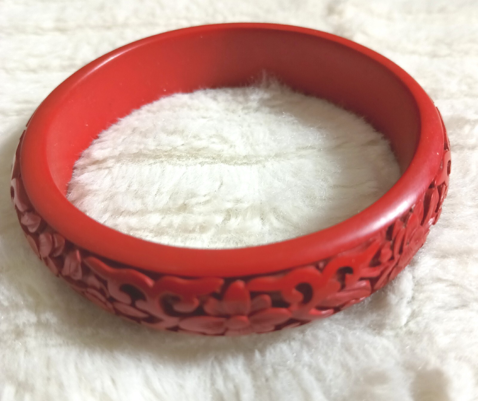 Asian Red Carved Cinnabar Floral Design Bangle - Gem