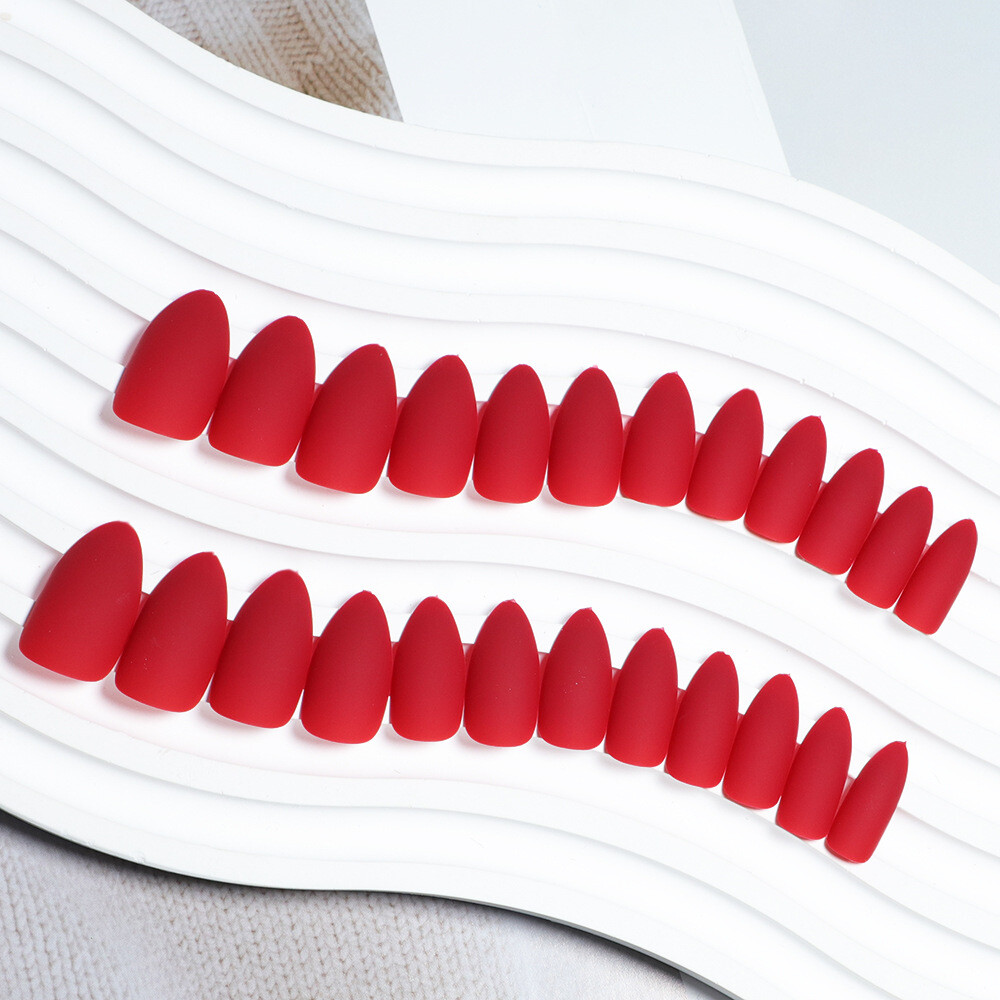 Autumn Winter Matte Red Fake Nail Short Almond Press on Nails for Nail ...