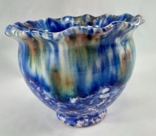 Vintage Ruffled Edge Blue Flow Drip Glaze Pottery Bowl Hand Made Signed ...