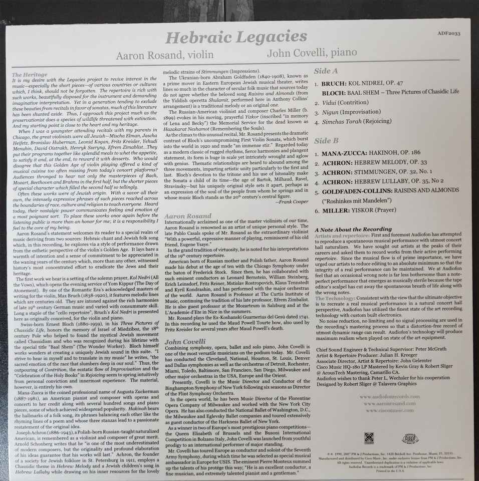 ARON ROSAND ' HEBRAIC LEGACIES ' AUDIOPILE RECORING. ED1. AUDIOFON ...
