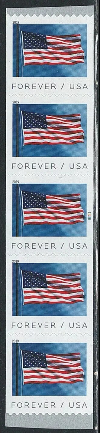 US Mint Strip of 5 Coil Flags Forever Stamp with Plate#B2222,Scott#5343 ...