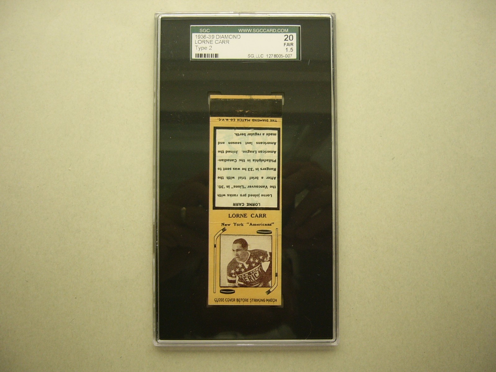 1935/36 DIAMOND TAN TYPE 2 MATCHBOOK LORNE CARR SHARP!! SGC 1.5 MATCH ...