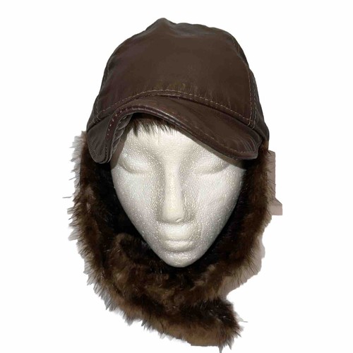Aviator Leather Fur Lined Vintage Hat Cap Mink or Beaver Fur Ear Flaps ...