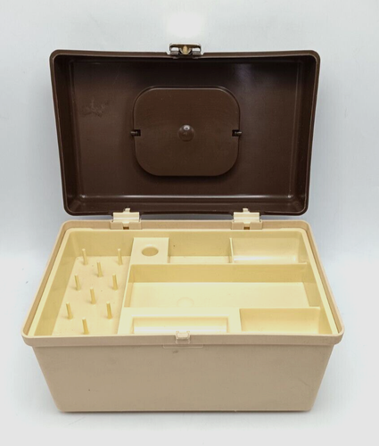 VINTAGE CURVER SEWING BOX WITH PULL OUT TRAY. BROWN CREAM PLASTIC 1970s ...