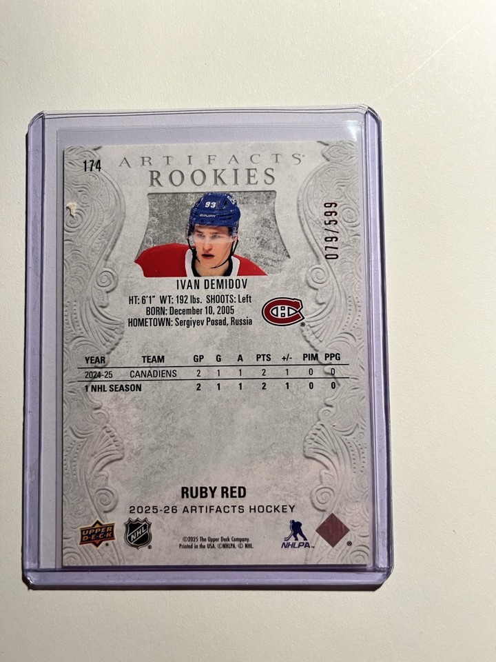 25-26 Upper Deck Artifacts Ivan Demidov Ruby Red Rookie /599 RC | eBay