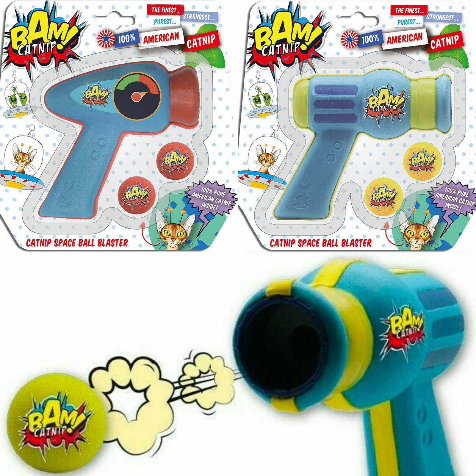 BAM! CATNIP POP GUN SPACE BALL BLASTER CAT KITTEN TOY GUN CATNIP 2 ...