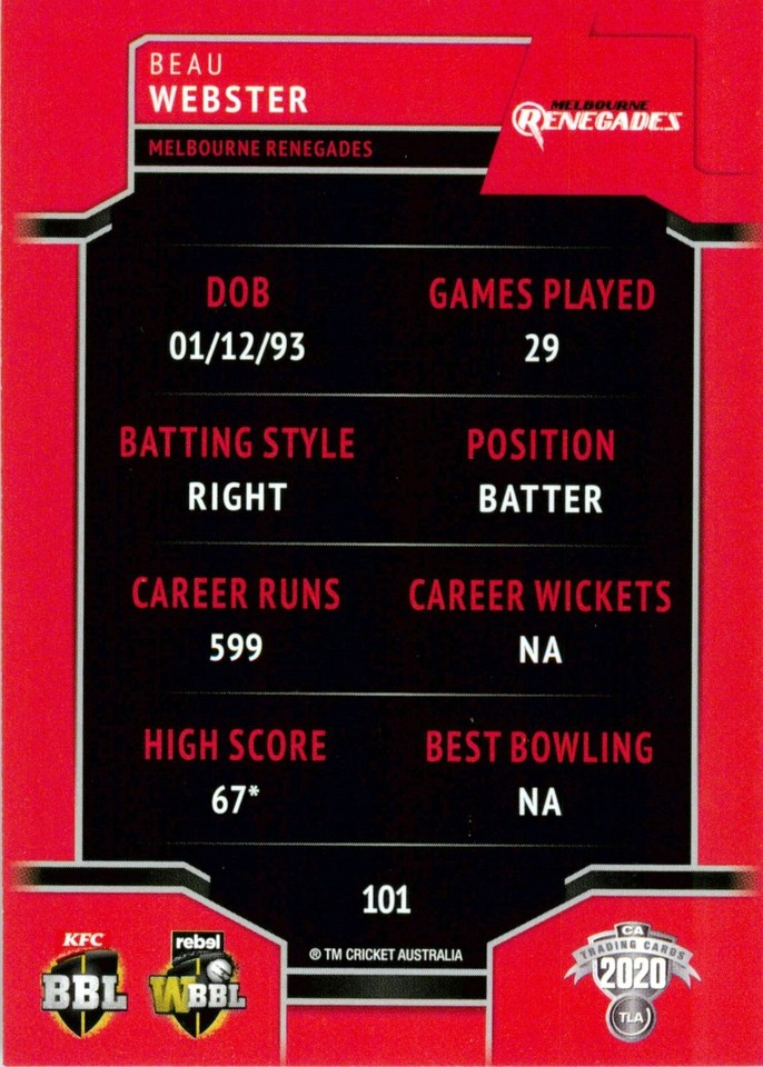 Signed 2020 2021 Melbourne Renegades BBL Cricket TLA Traders Card ...