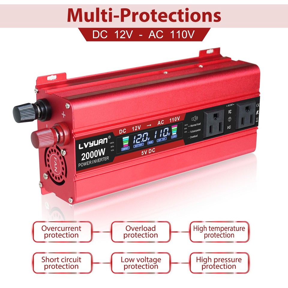 1000W/2000W DC 12V to AC 110V Power Inverter with 4 AC Outlets, 2USB ...