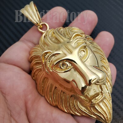 HIP HOP RAPPER STAINLESS STEEL GOLD PT LARGE JUMBO LION HEAD CHARM ...
