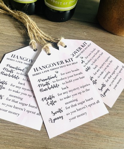 5 Personalised glossy Pink Hen Party Survival Kit Tags Hangover Tags ...