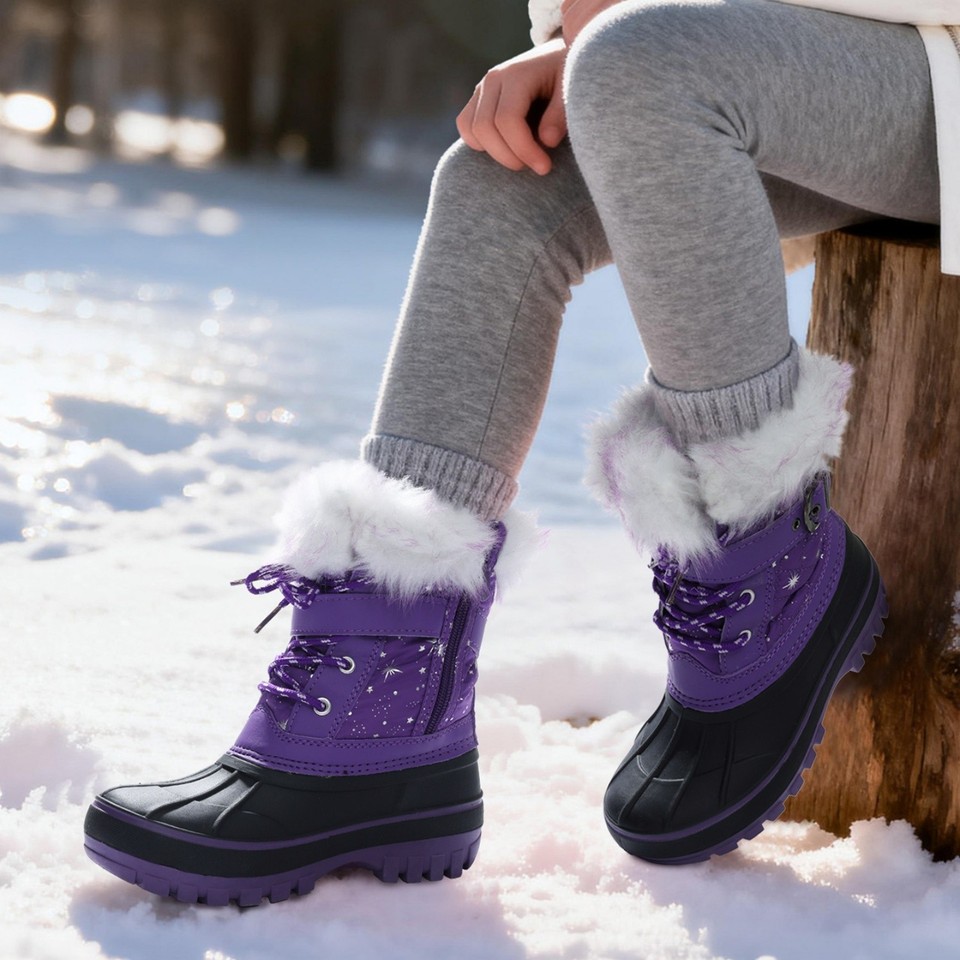 Boys Girls Winter Snow Boots Faux Fur Lined Warm Ski Boots Outdoor Ski ...