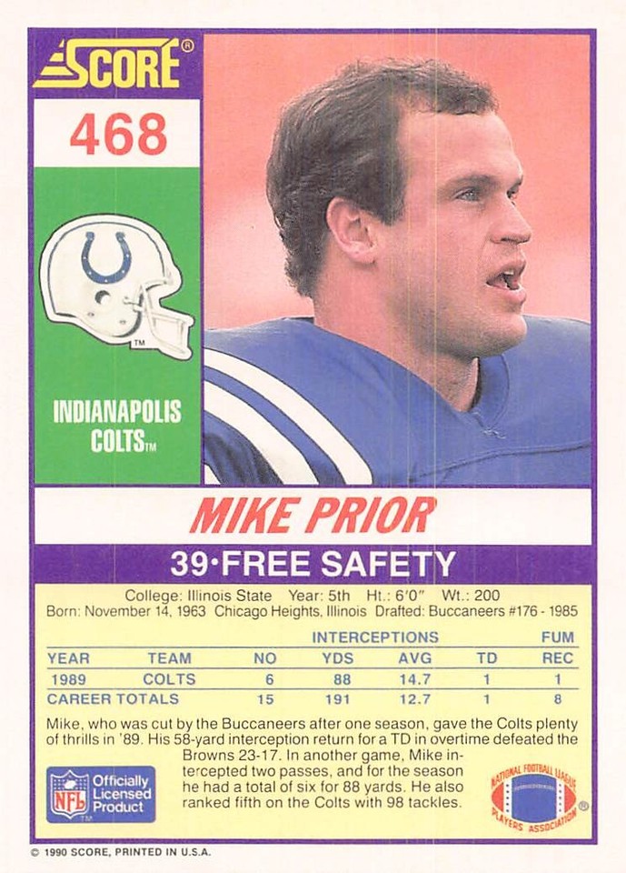 Mike Prior 1990 Score 468 Indianapolis Colts Football Card | eBay