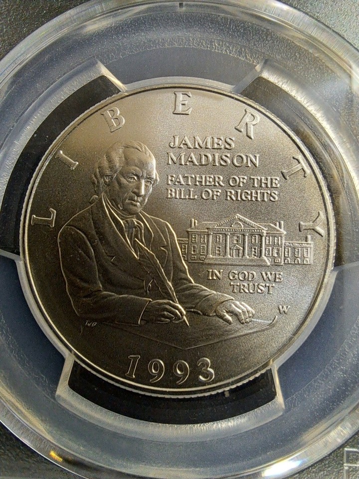 1993-W JAMES MADISON COMMEMORATIVE SILVER HALF DOLLAR PCGS MS70 BLUE ...