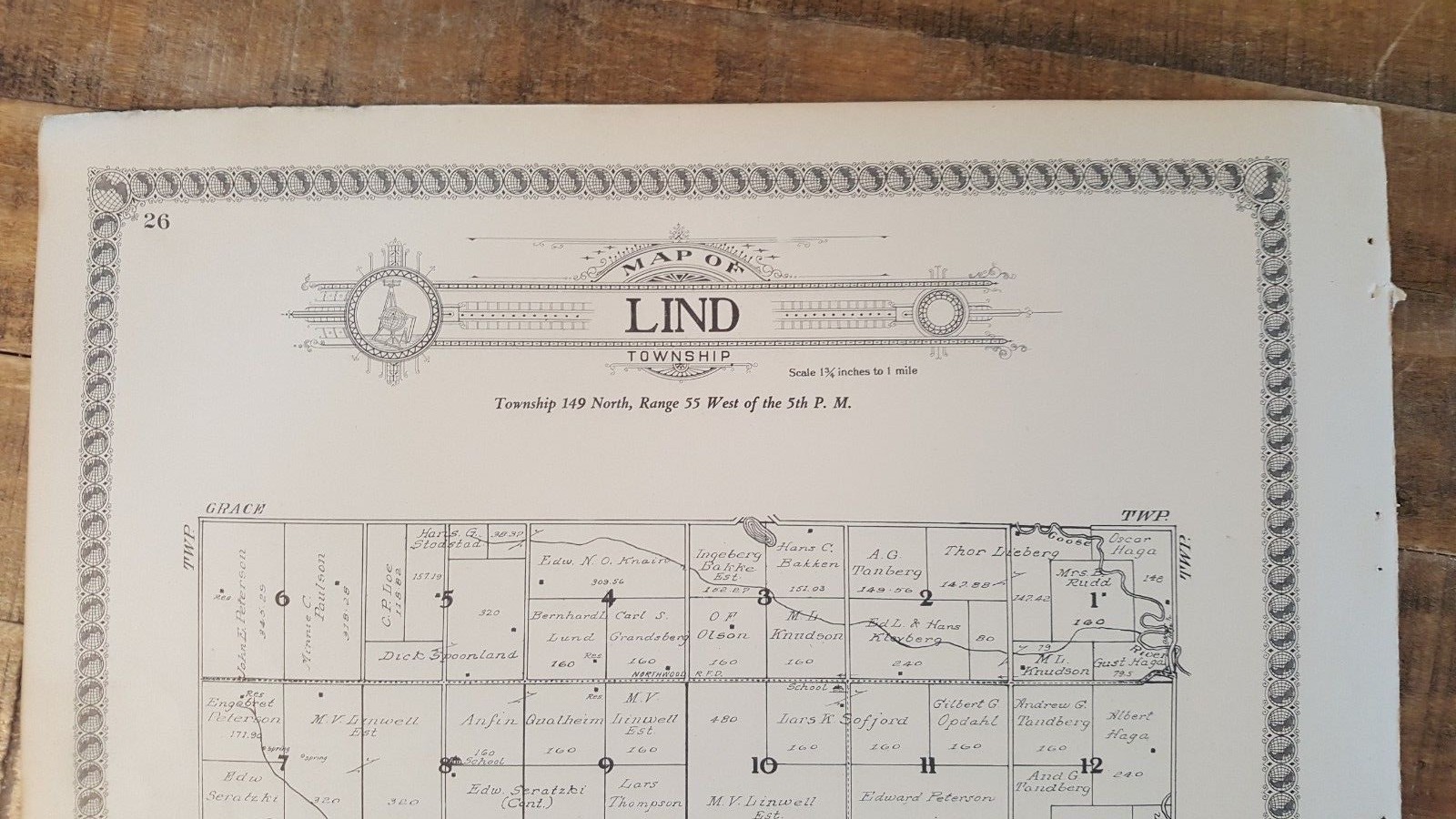 Antique MAP OF LIND TOWNSHIP/Atlas Of GRAND FORKS CO. N. DAKOTA/Ogle ...