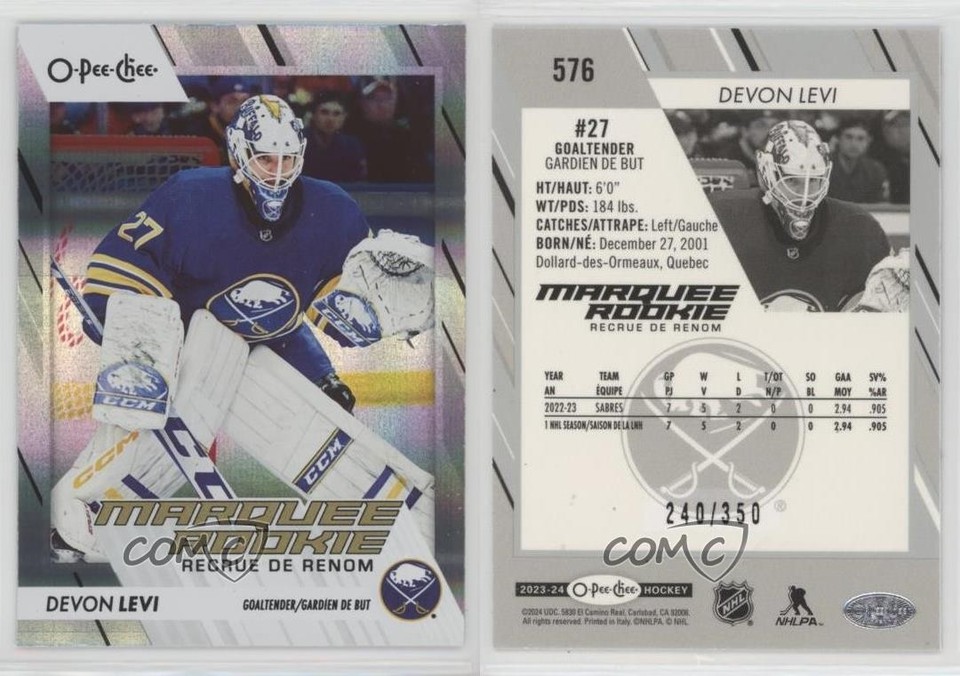 2023-24 O-Pee-Chee Marquee Rainbow 240/350 Devon Levi #576 Rookie RC ...