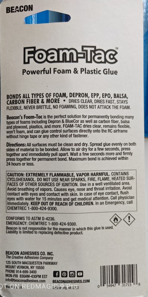 Beacon Foam-Tac 1oz Foam Adhesive Glue - Great for EPP EPO Depron ...
