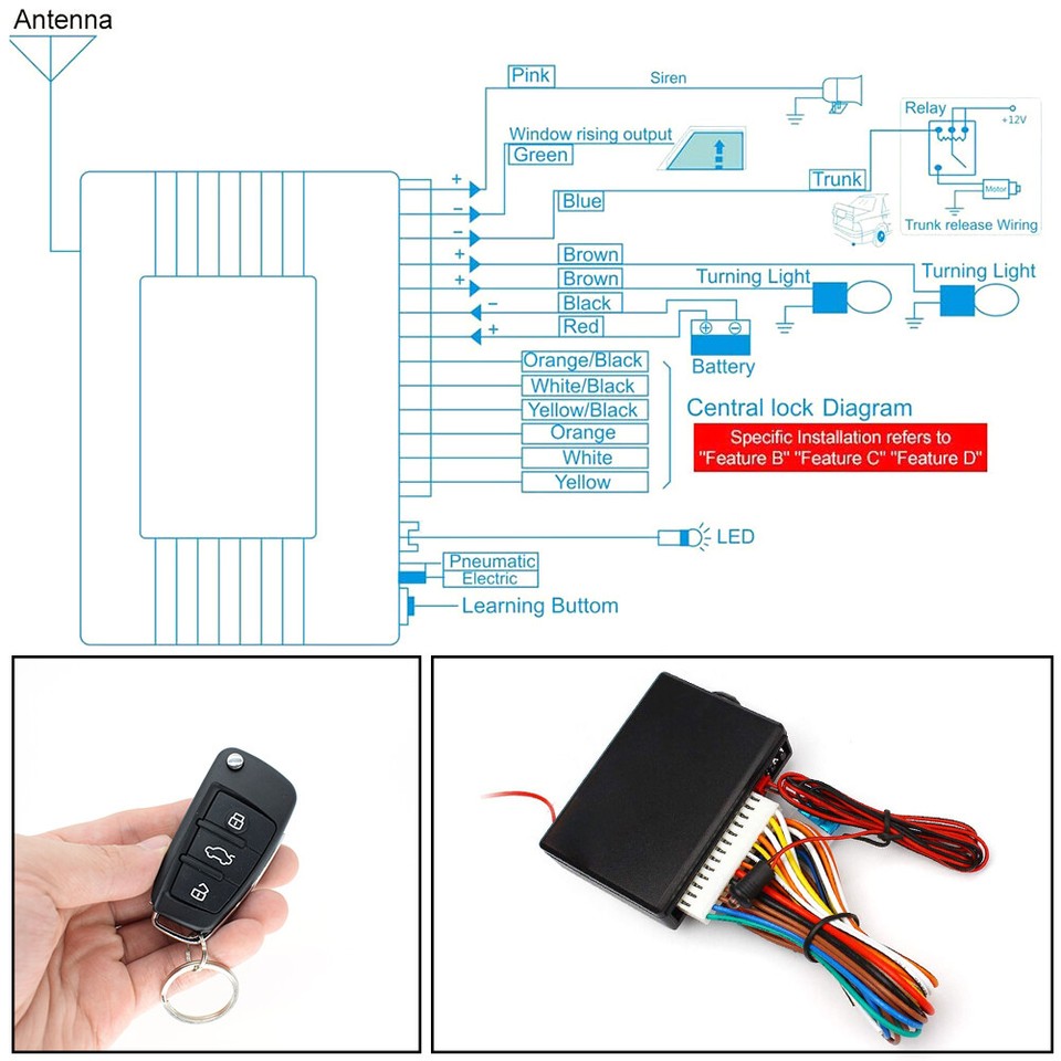 Keyless Entry Car Alarm System + 2 Flip Key Fob 3-button Remote Control ...