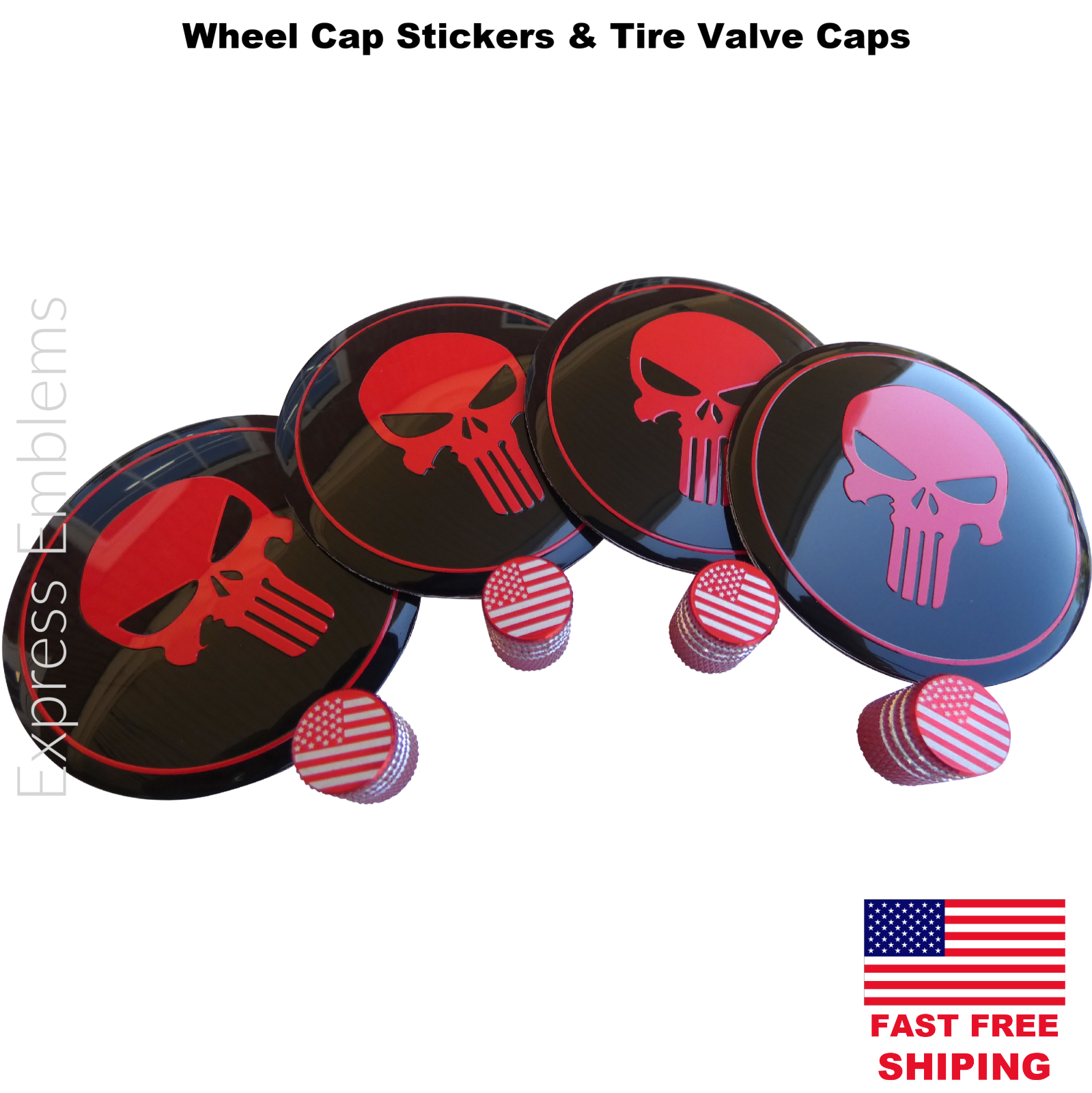 4x Punisher Wheel Center Hub Cap Stickers 2.20" With 4x Tire Valve Caps ...