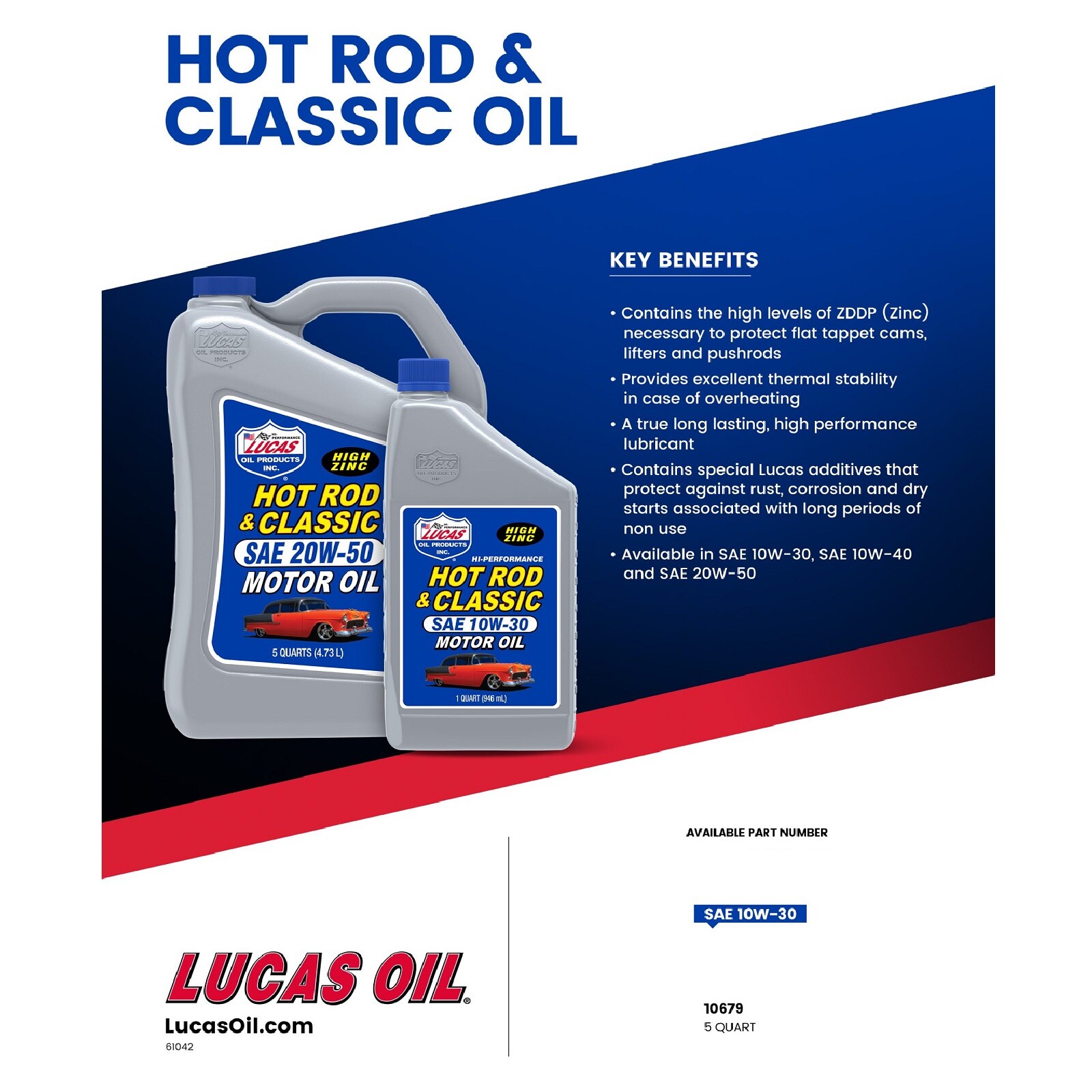 Lucas Oil 10679 Hi-Performance Hot Rod & Classic Car 10W-30 Oil 5 Quart ...