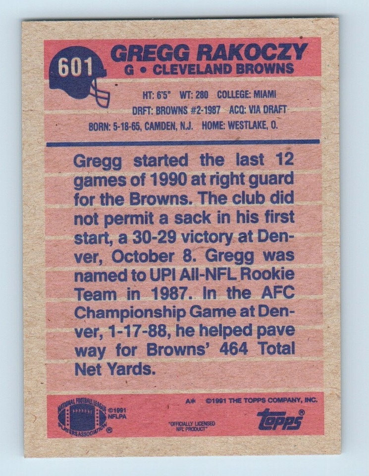 1991 Topps Gregg Rakoczy Cleveland Browns #601 | eBay