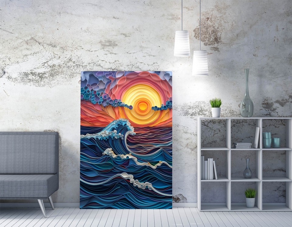 PAPER QUILLING SUNSET AT SEA -FRAMED CANVAS WALL ART PICTURE PRINT ...