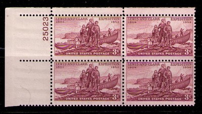 US USA Sc# 1063 MNH FVF PLATE # BLOCK Lewis & Clark Boat Missouri River ...