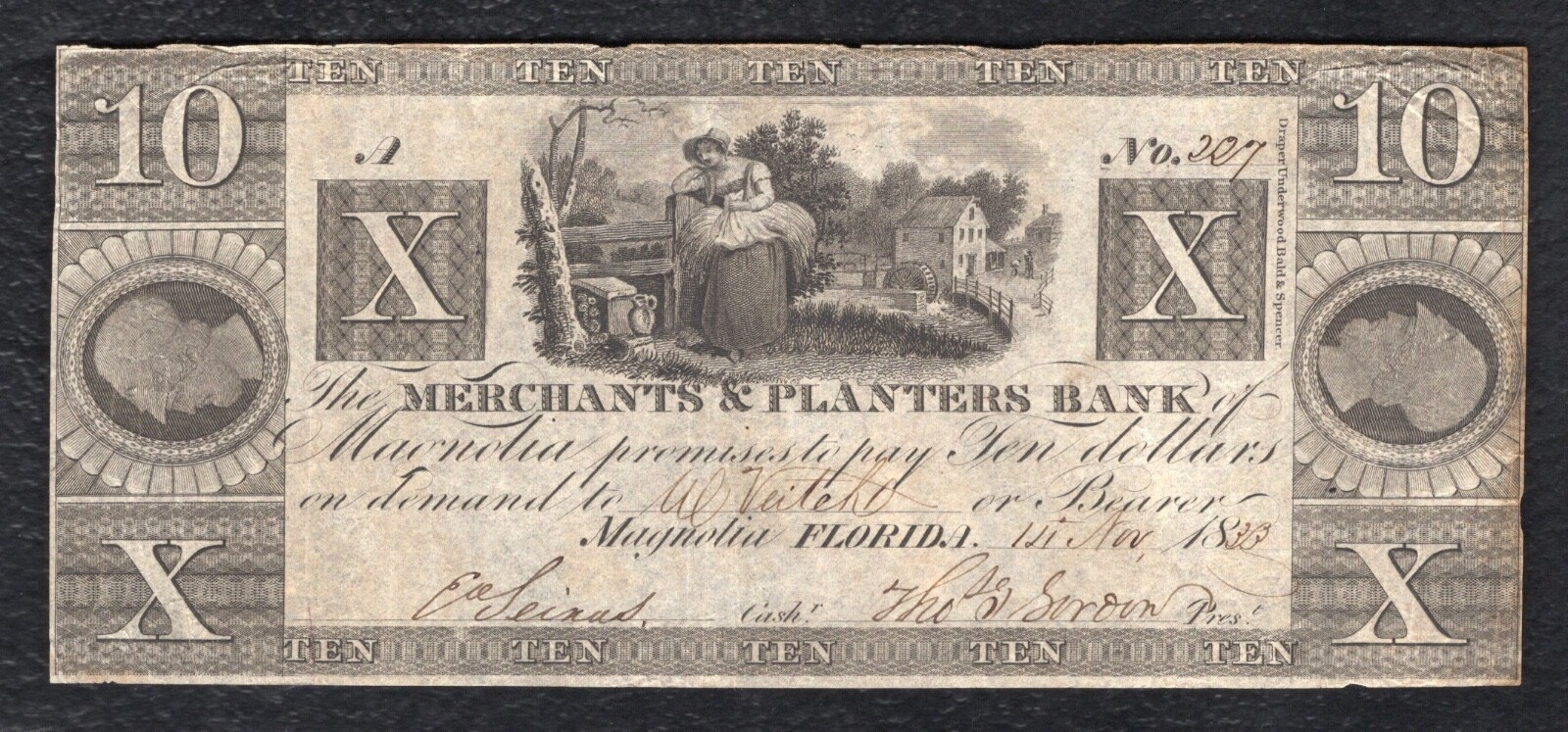 1833 $10 THE MERCHANTS & PLANTERS BANK MAGNOLIA, FL OBSOLETE CURRENCY ...