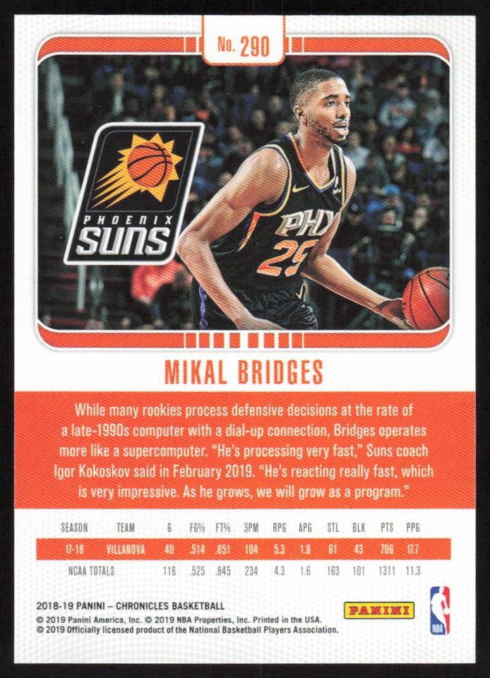 2018-19 Panini Chronicles Status Blue Rookie #290 Mikal Bridges /99 ...