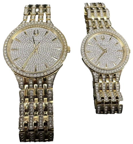 HIS & HER'S Bulova Phantom Quartz Pave Dial Crystal Gold-Tone Band ...