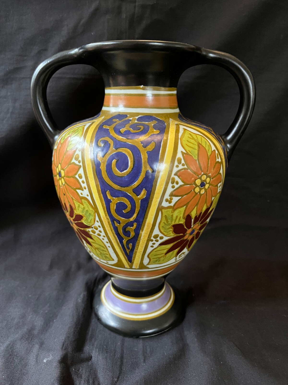antique dutch Gouda pottery vase. Approx 1920. Several marks. decor ...