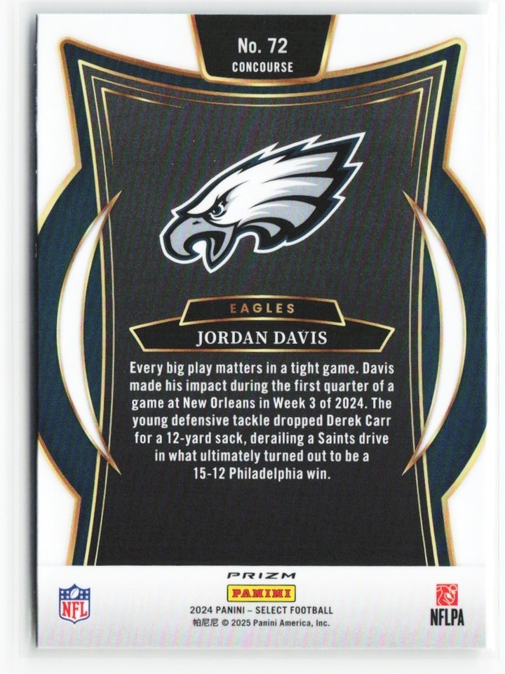 Jordan Davis 2024 Panini Select Green & Yellow Shock Philadelphia ...