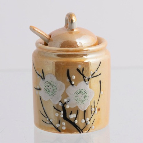 Vintage Orange Lusterware Mustard Jar w Spoon Miniature Cherry Blossom ...