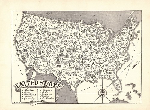 1950s Vintage United States Map Animated United States Picture Map BW ...