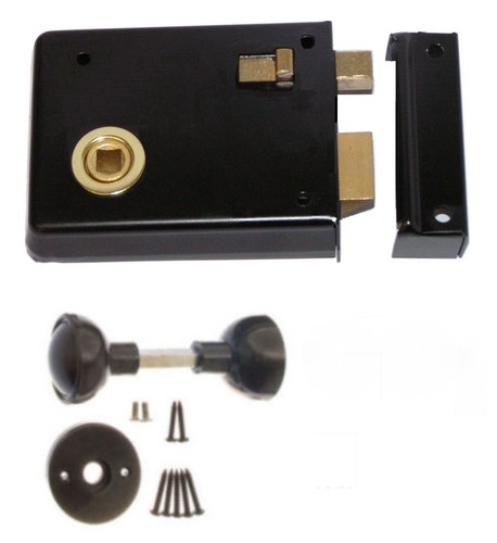 Black Rim Night Latch with Door Handles Locking with Snib & Knobs | eBay