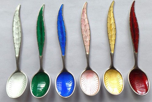 Vintage Ottar Hval Sterling Silver FEATHER Guilloche Enamel 6 Spoons ...