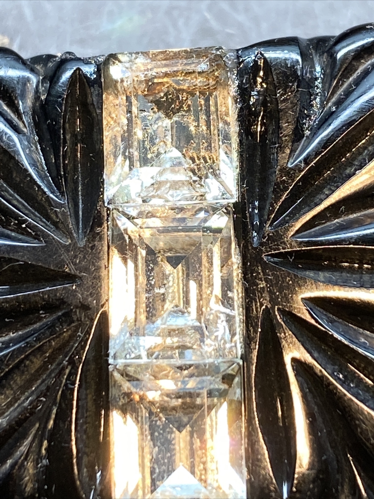 Antique Bakelite Dress Coat Fur Clip Carved Black Ba… - Gem