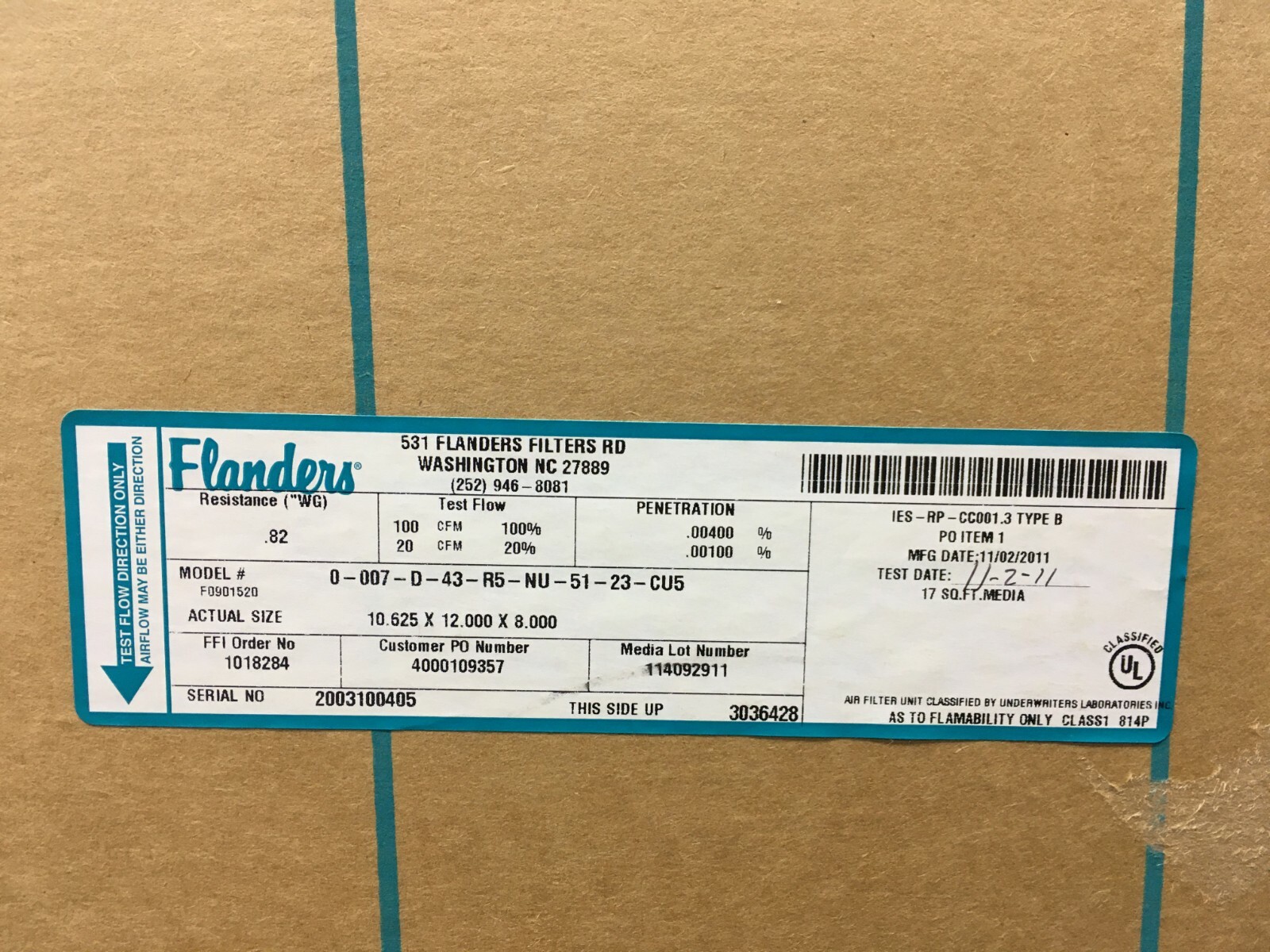 Flanders 0-007-D-43-R5-NU-51-23-CU5 Nuclear Grade HEPA Filter 10.625" x ...