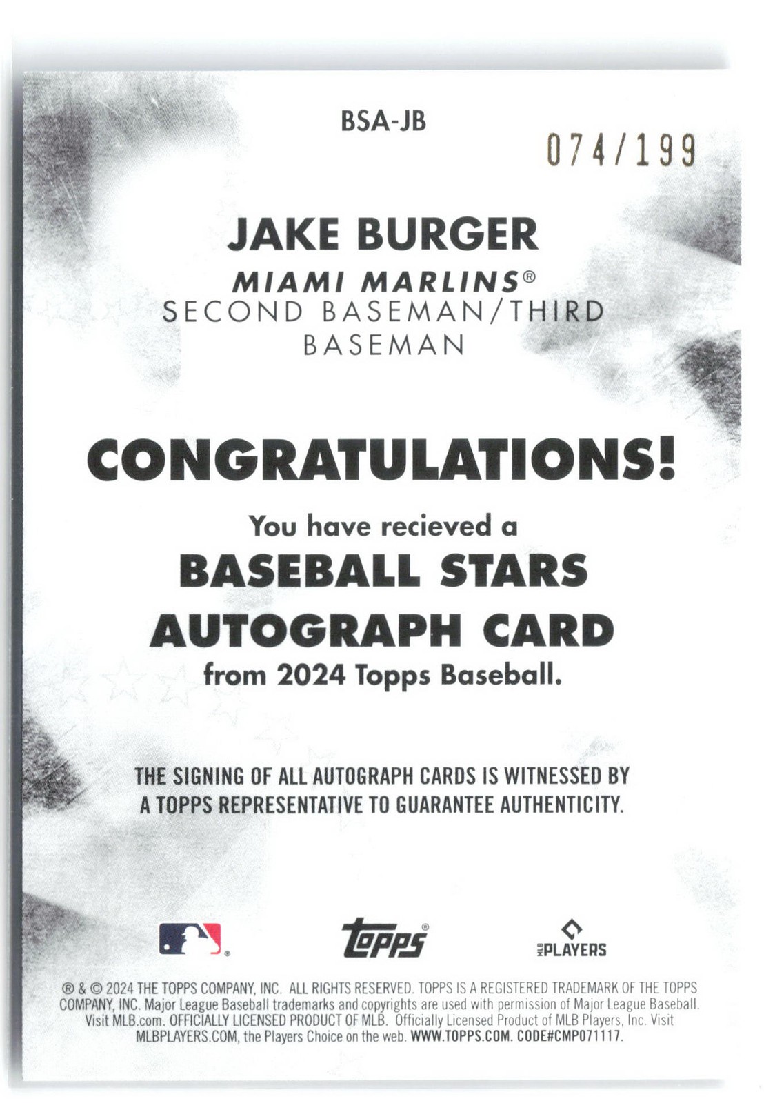 2024 Topps Series 1 - Baseball Stars Autographs Jake Burger #BSA-JB ...