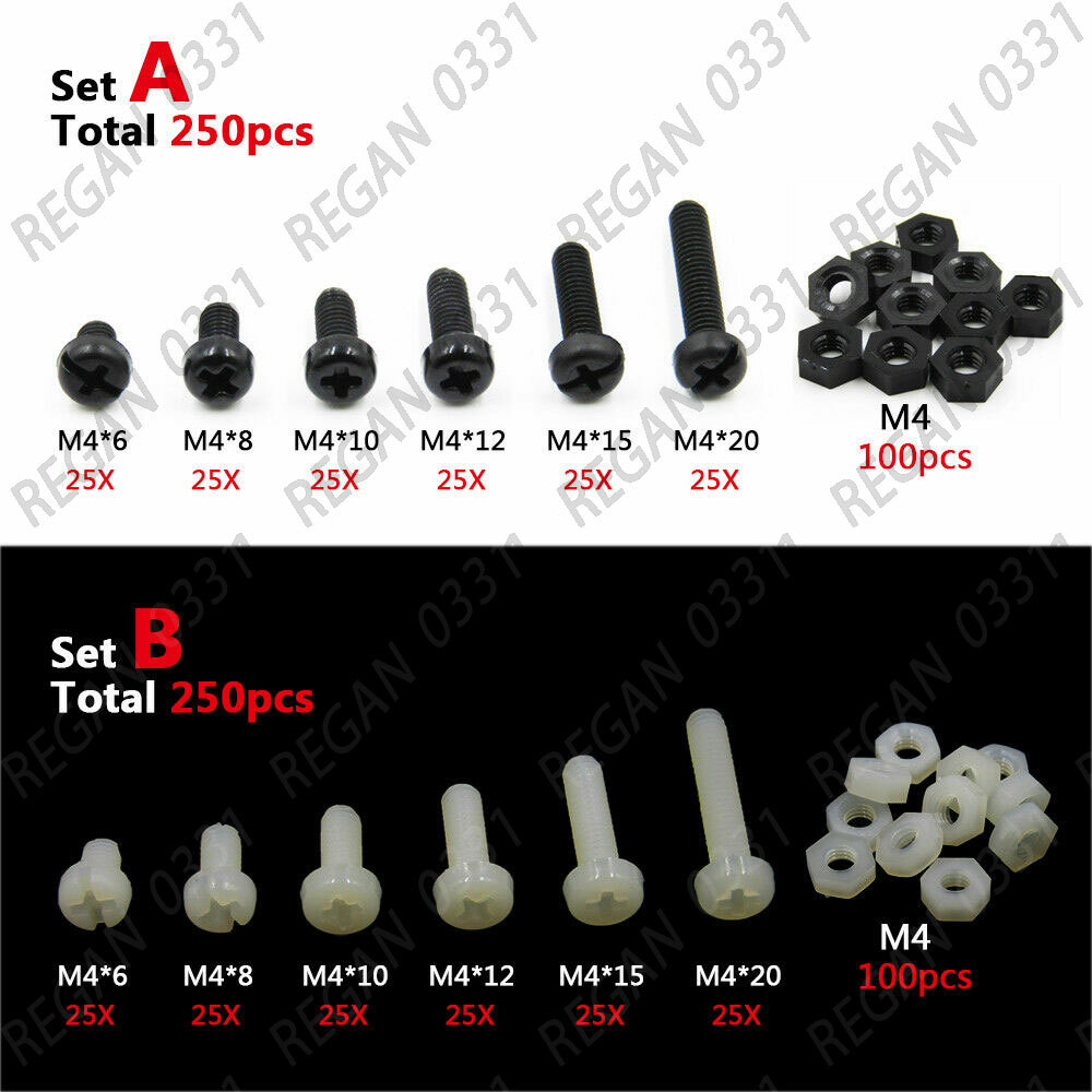 250pcs Plastic Nylon M4 Phillips Round Pan Head Screws & M4 Hex Nuts ...