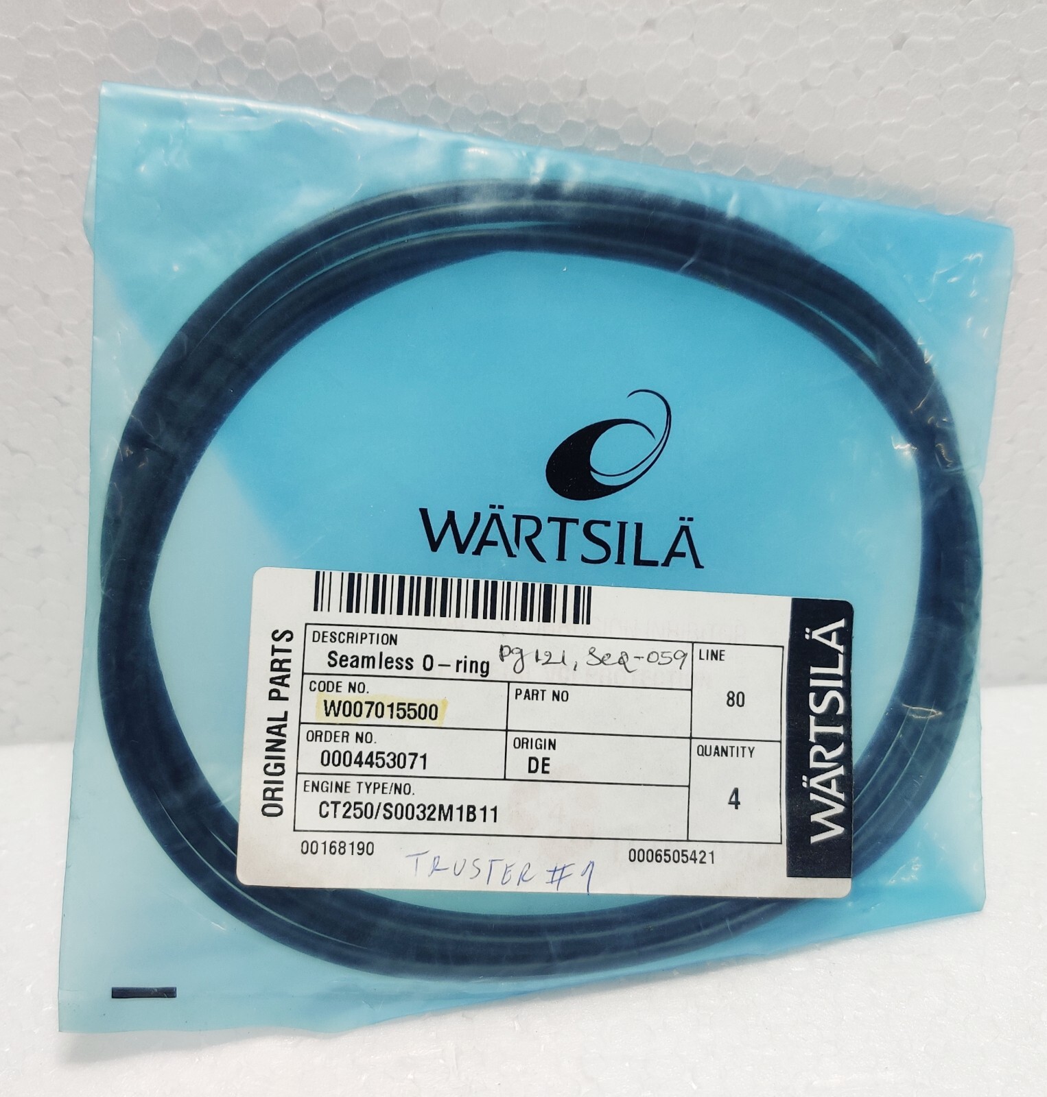 Wartsila Seamless O-Ring Code No. W007015500 Engine Type/No. CT250 ...