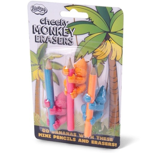 3 Cheeky Monkey Erasers & Pencils Set - School Stationery Gift for Kids ...