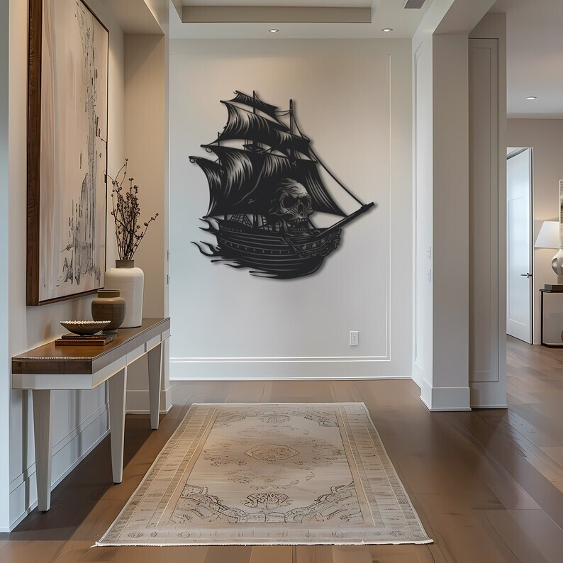 Pirate Ship Skull Metal Wall Art, Nautical Wall Hangings, Pirate Ship ...